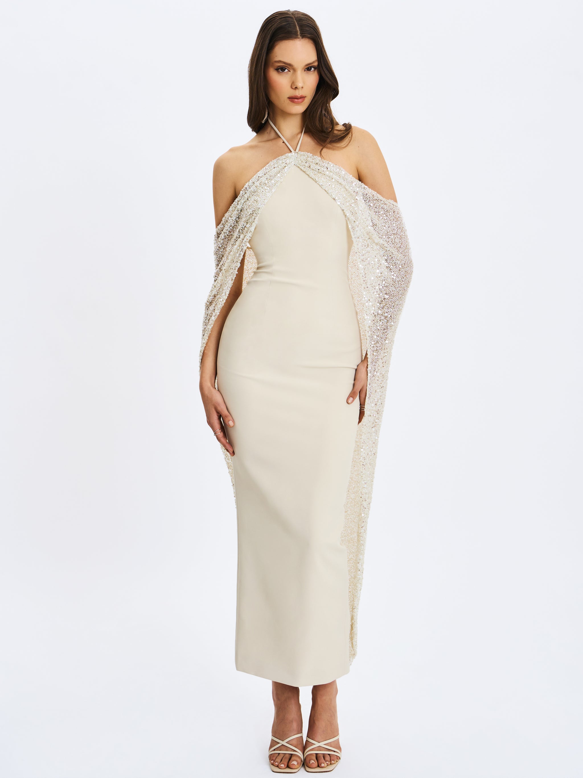 Quimera Almond Beaded Cape Halter Off-Shoulder Maxi Gown