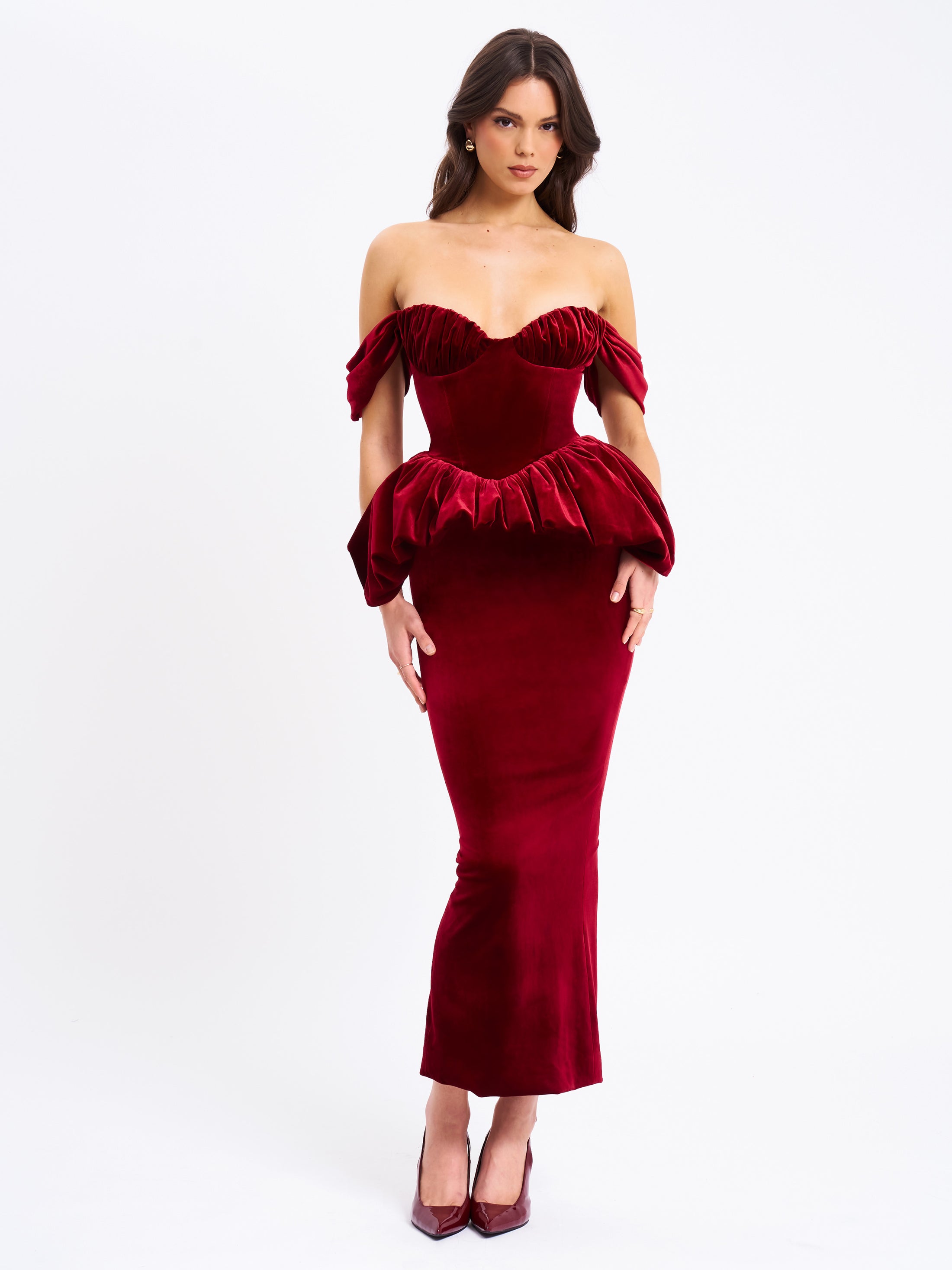 Abigail Velvet Off Shoulder Bubble Hem Peplum Maxi Dress (Archive Sale
