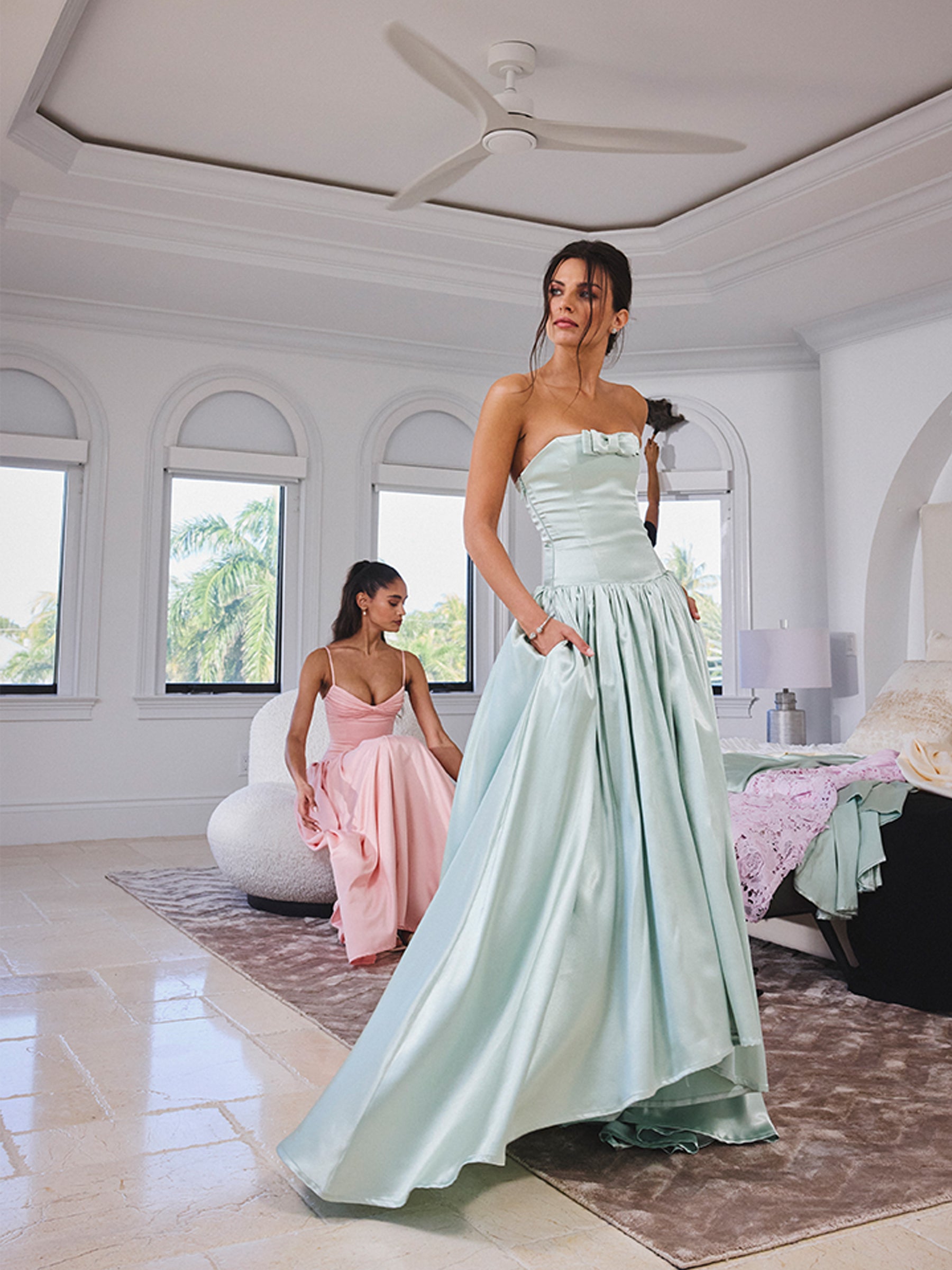 Lael Mint Green Back Button Trailing Gown