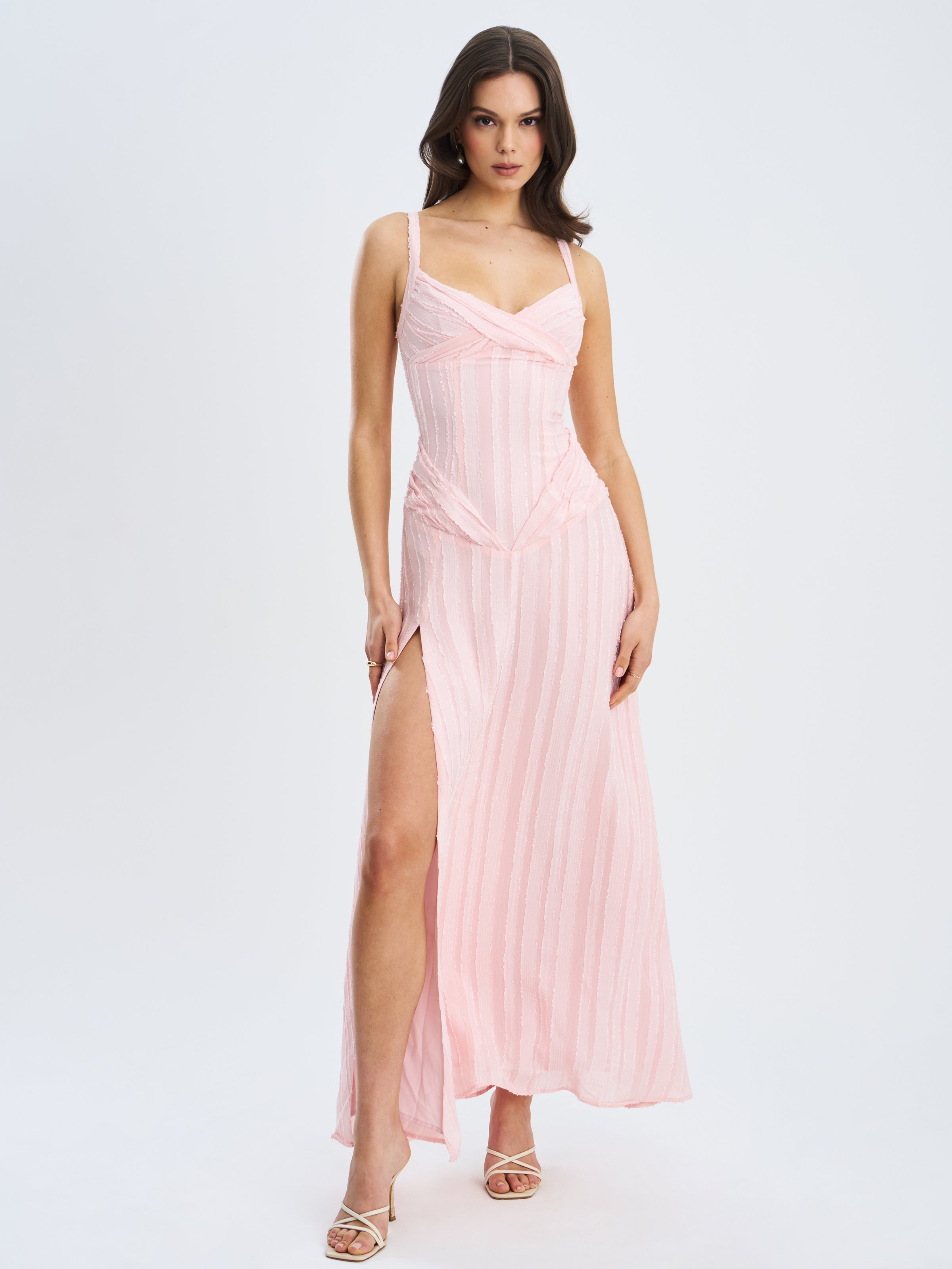 Mallory Baby Pink Stripe Jacquard High Slit Gown