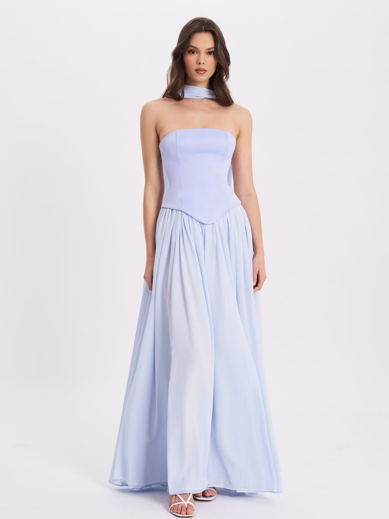 Qianna Baby Blue Peplum Top Drop Waist Chiffon Gown