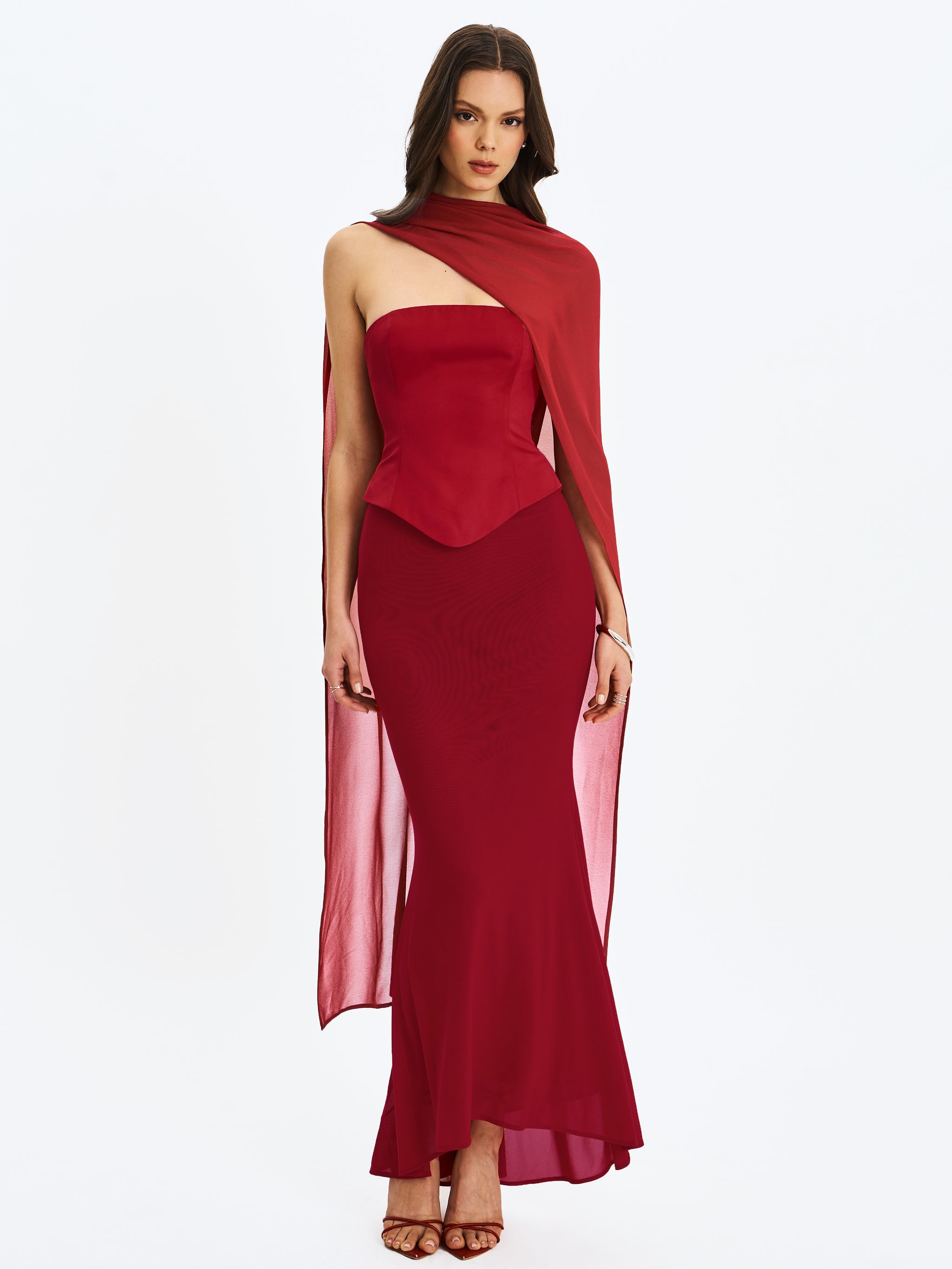 Adelina Crimson Peplum Mermaid Gown with Chiffon Scarf