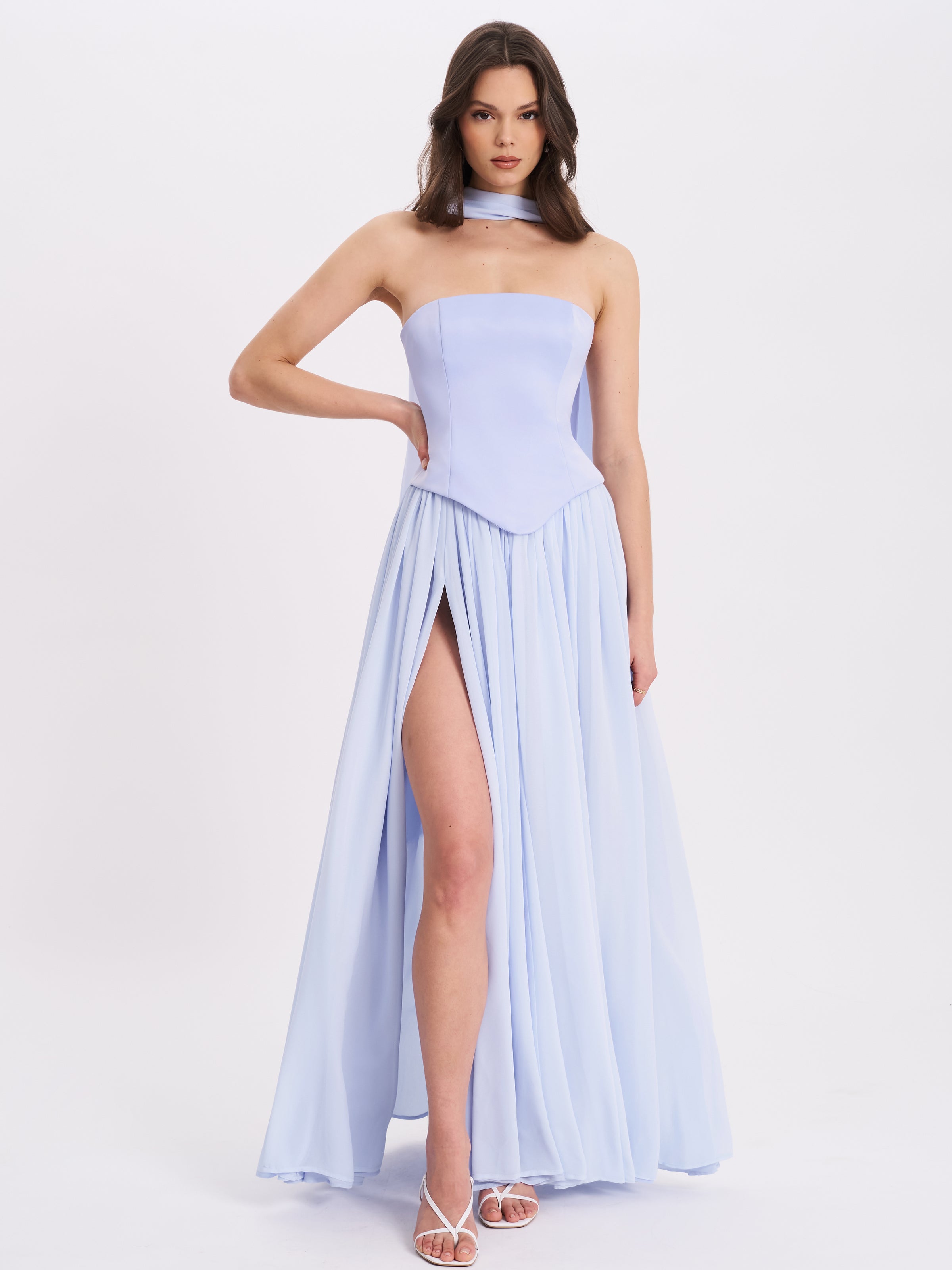 Qianna Baby Blue Peplum Top Drop Waist Chiffon Gown