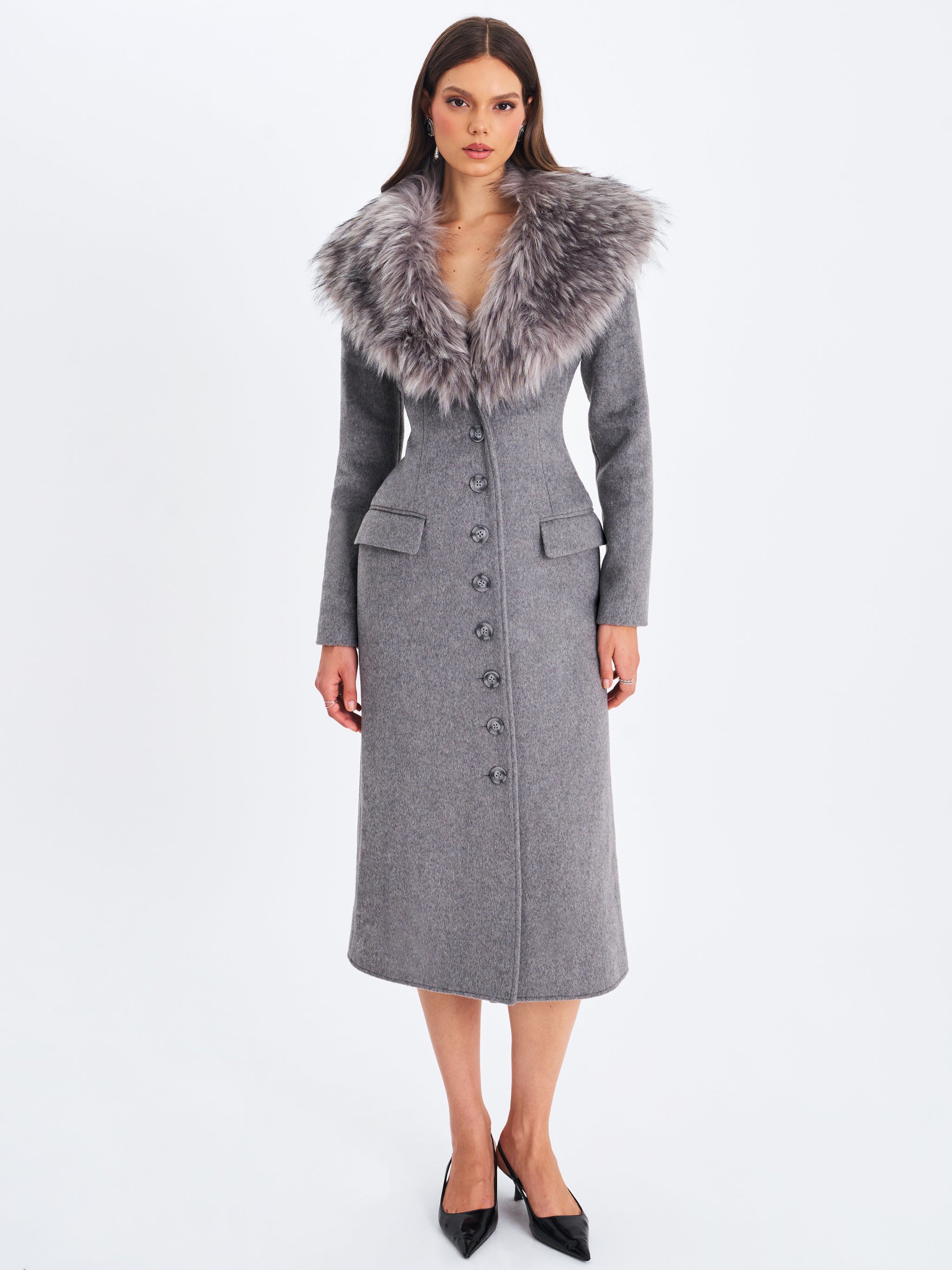 Faye Grey Wool Blend Single-Breasted Coat with Removable Faux Fur Coll