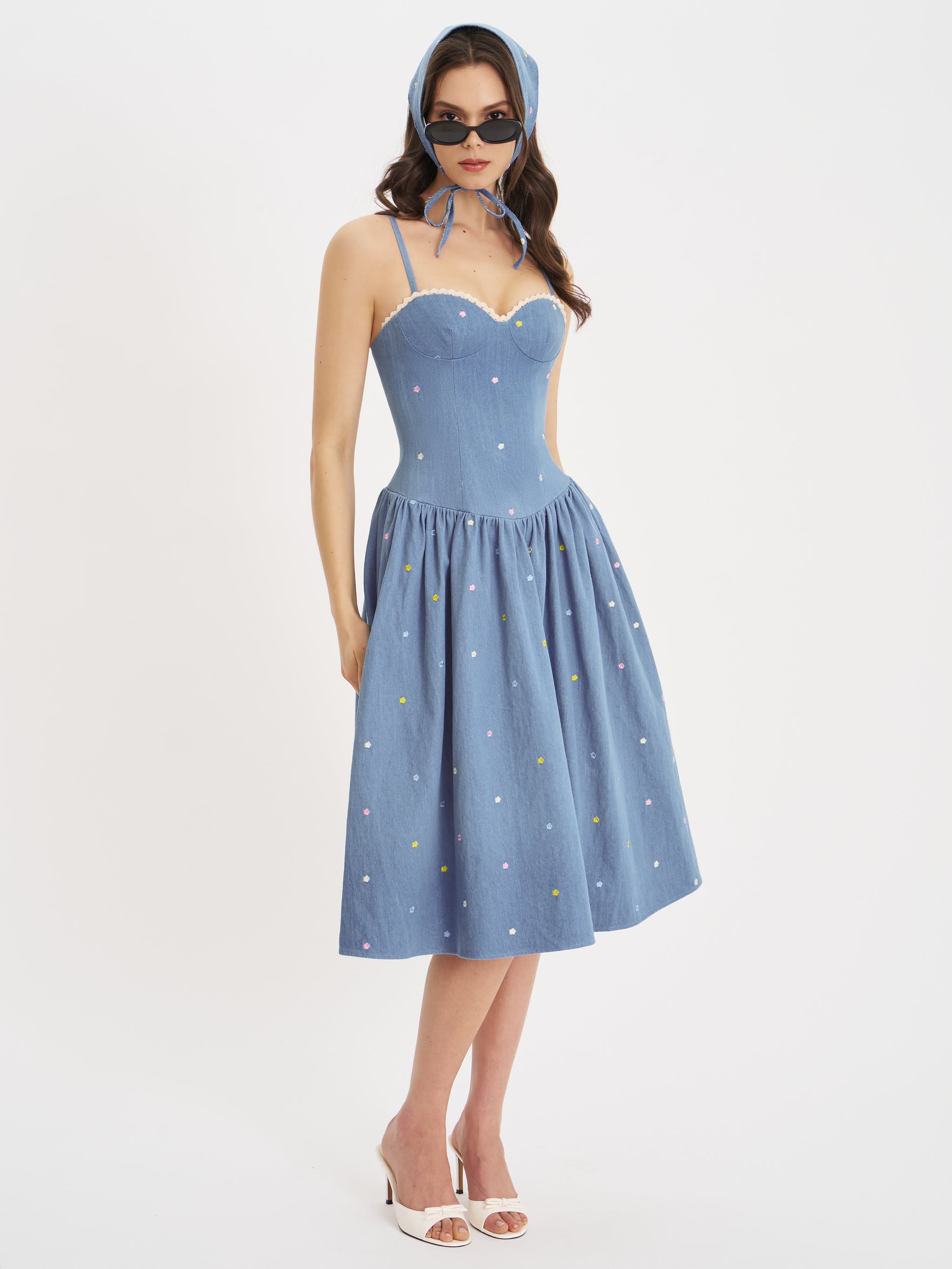 Zadie Cotton Denim Drop Waist Embroidery Flower Midi Dress