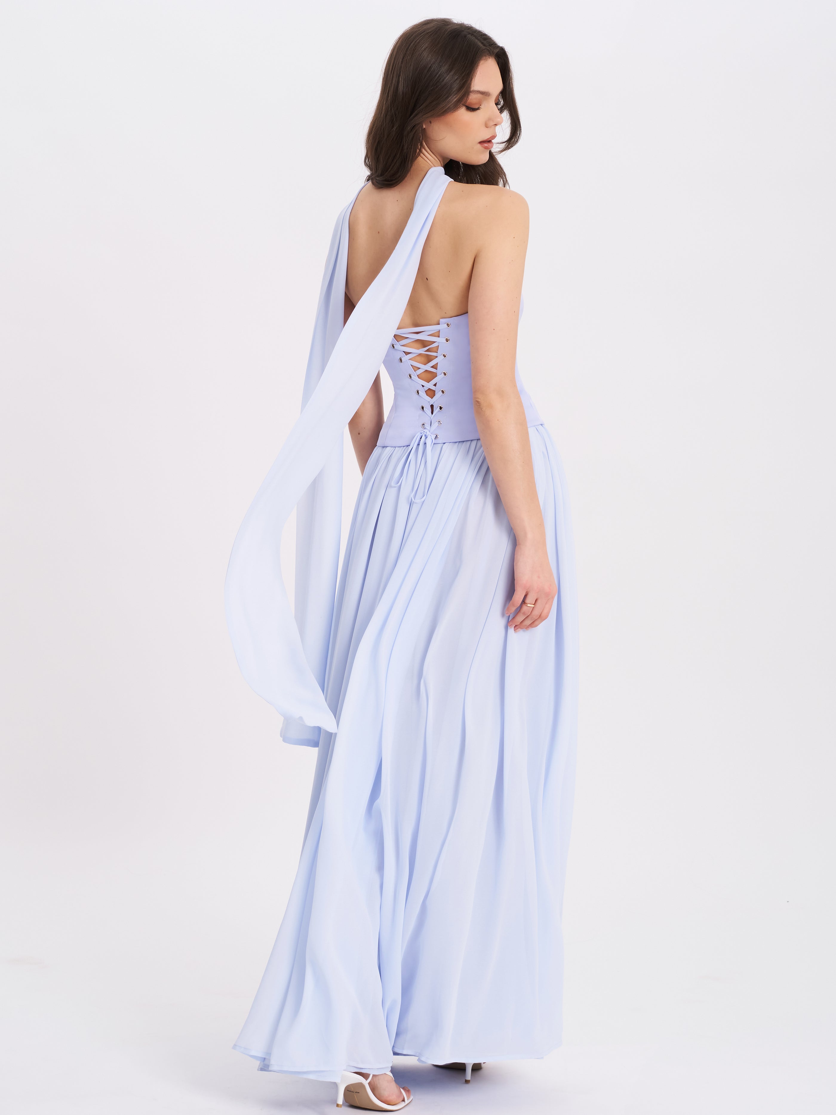 Qianna Baby Blue Peplum Top Drop Waist Chiffon Gown