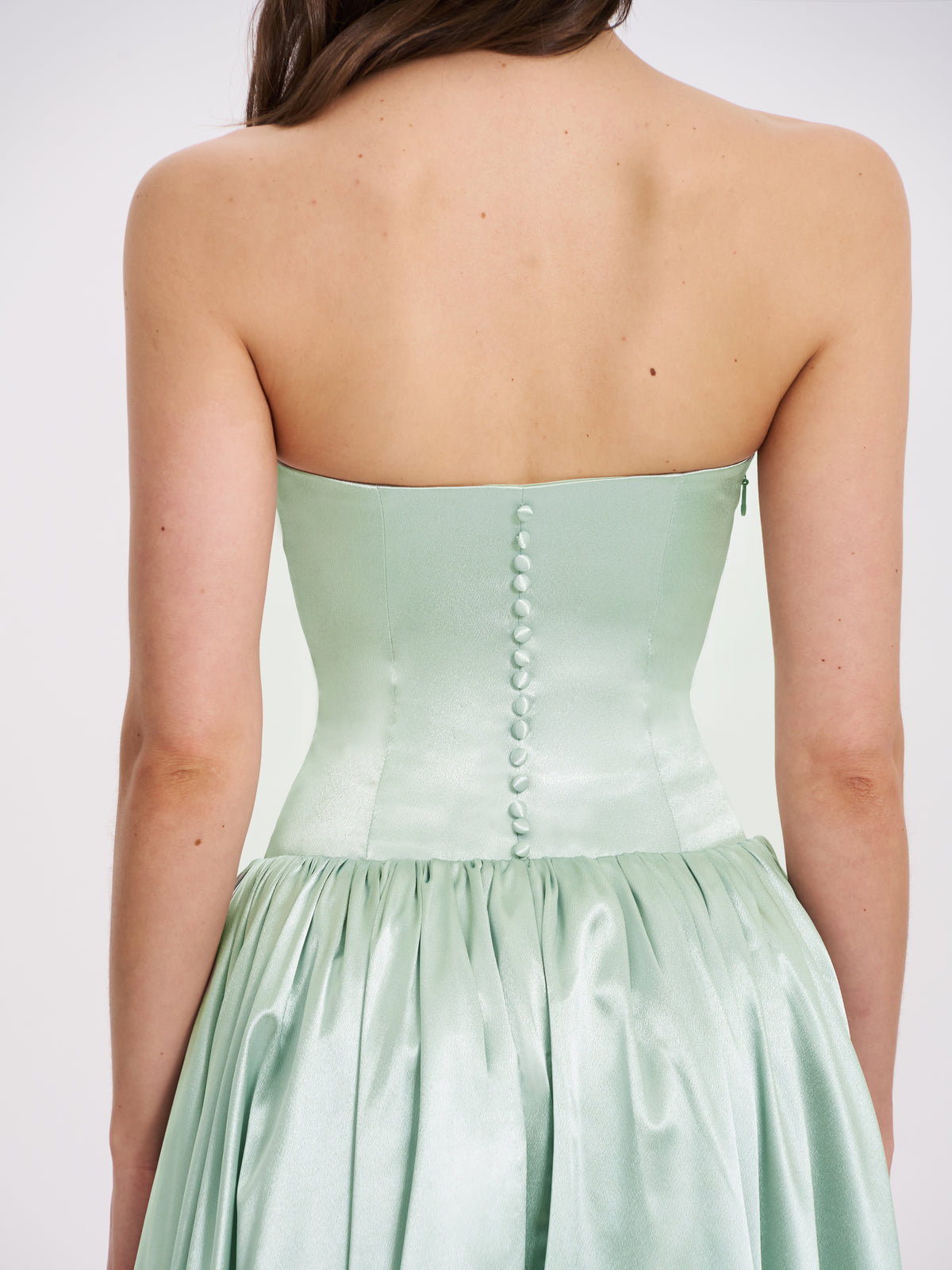 Lael Mint Green Back Button Trailing Gown