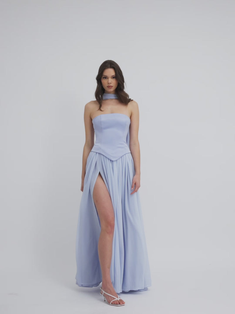 Qianna Baby Blue Peplum Top Drop Waist Chiffon Gown